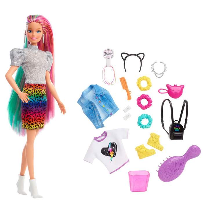 Papusa Barbie cu par curcubeu Leopard Rainbow Hair | Hippoland